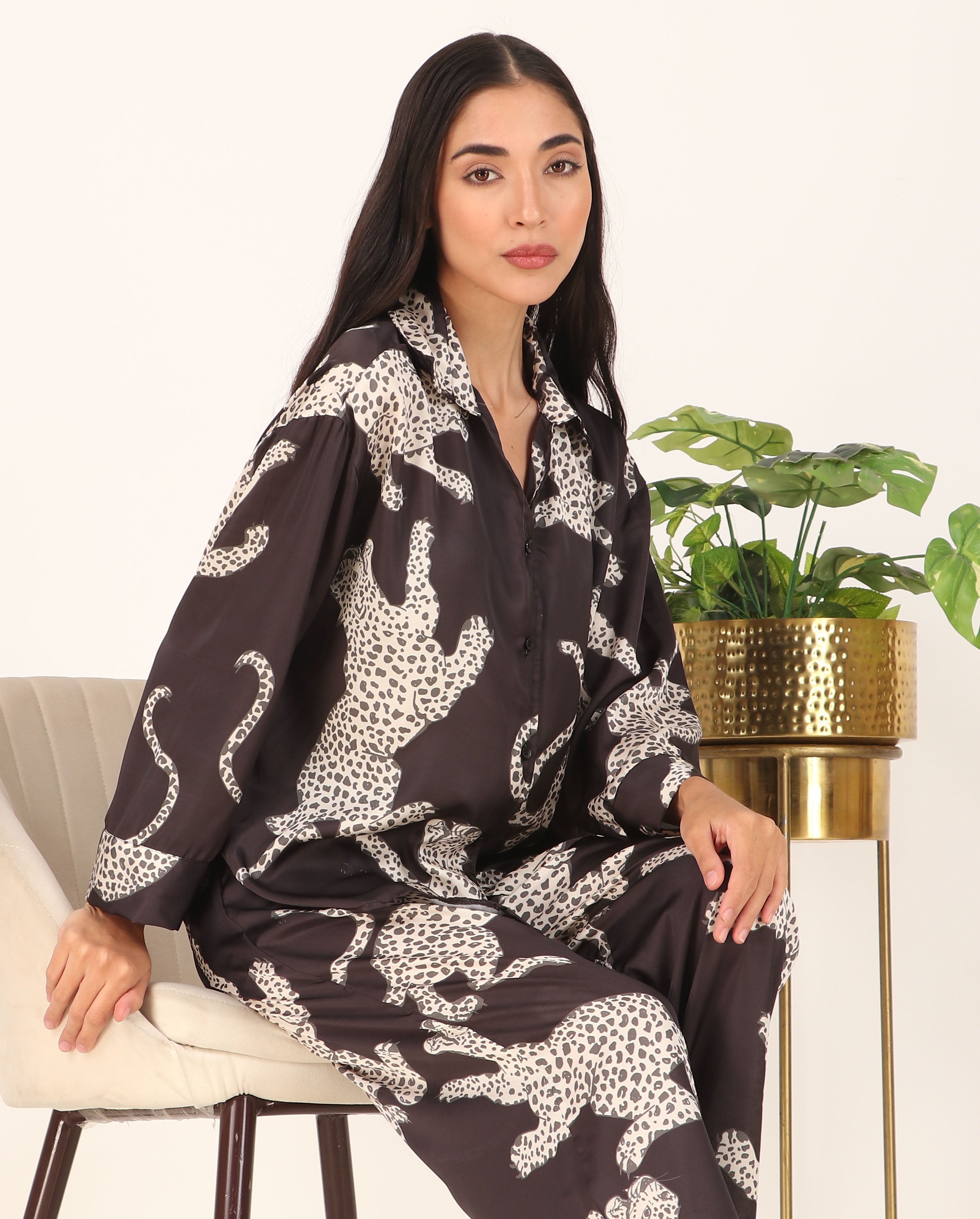Black cheetah Oversized Satin PJ Set – Masha Sleepwear