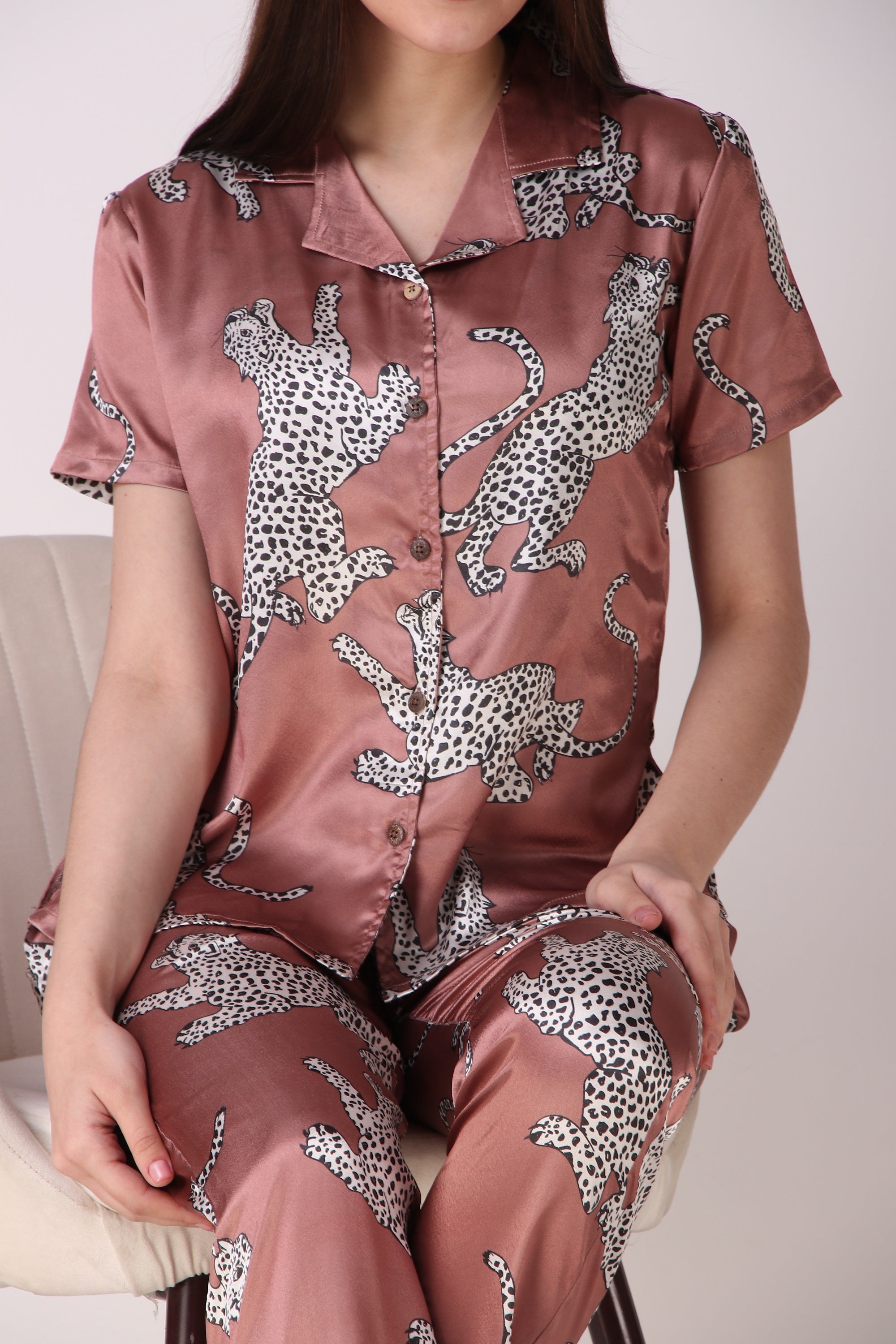 Brown Cheetah Satin PJ Set – Masha Sleepwear